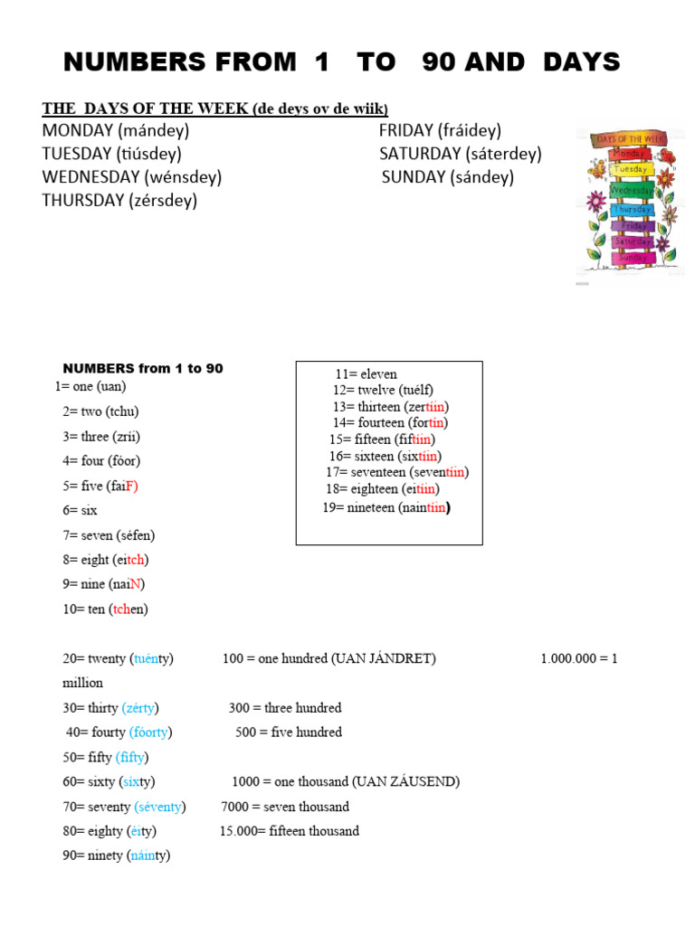Numbers 1-90 and Days of the Week | PDF