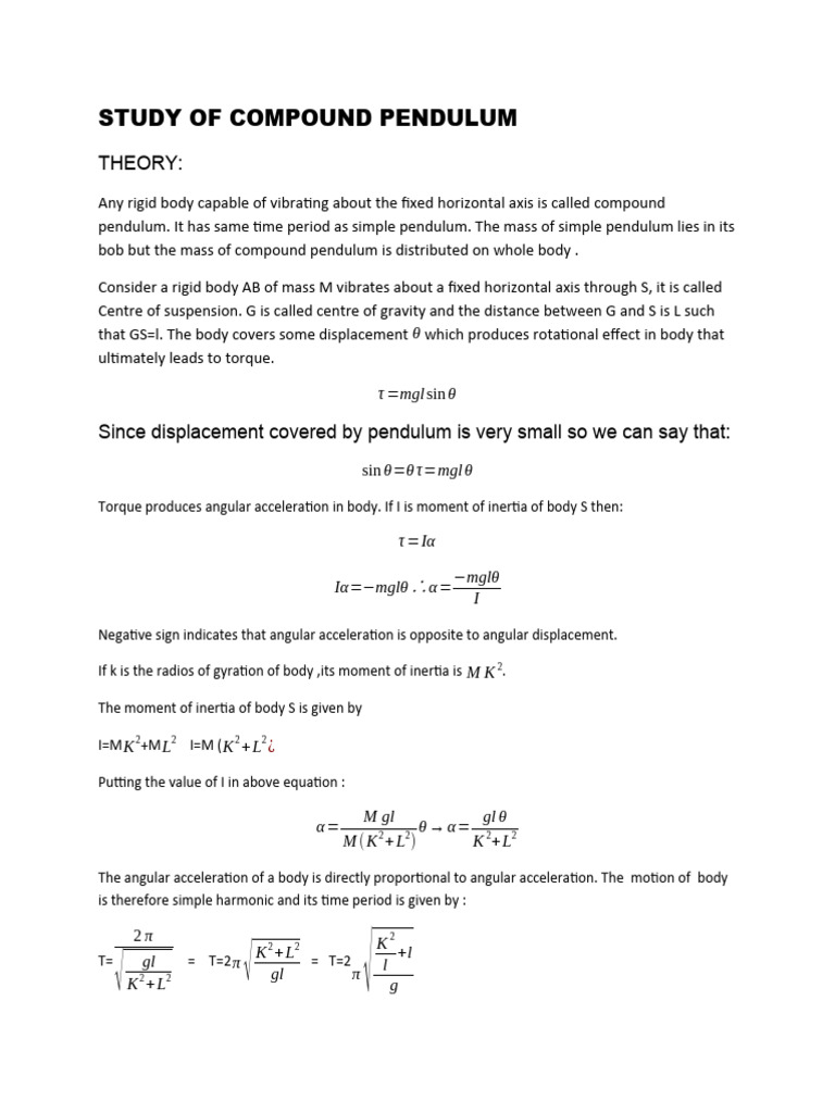 Study Of Compound Pendulum Pdf Pendulum Torque