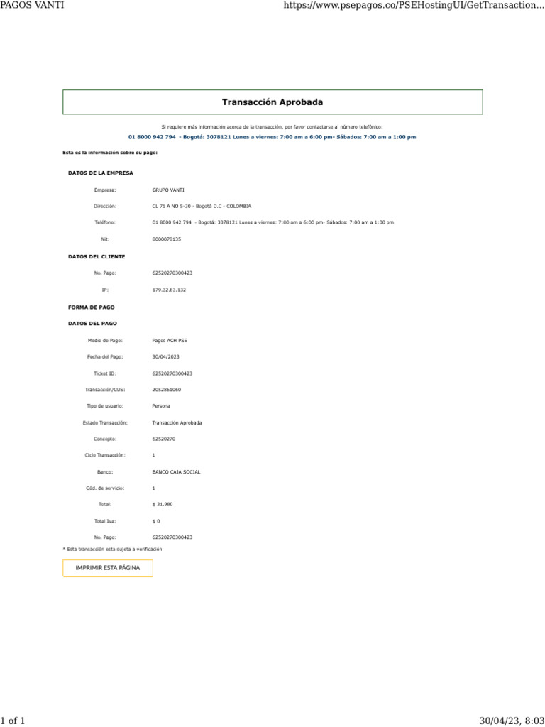 PAGOS VANTI Abril | PDF