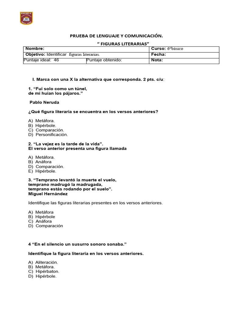 Prueba Figuras Literarias 6° | PDF | Metáfora