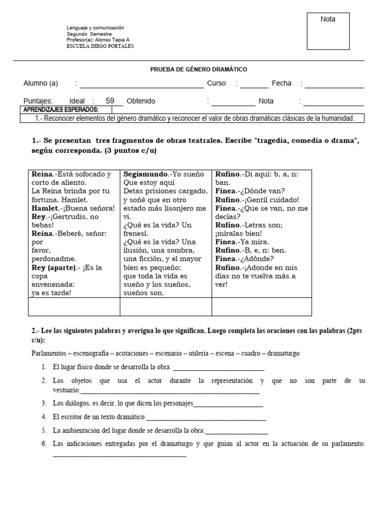 Prueba Género Dramático 2023 | PDF | Teatro | Tragedia