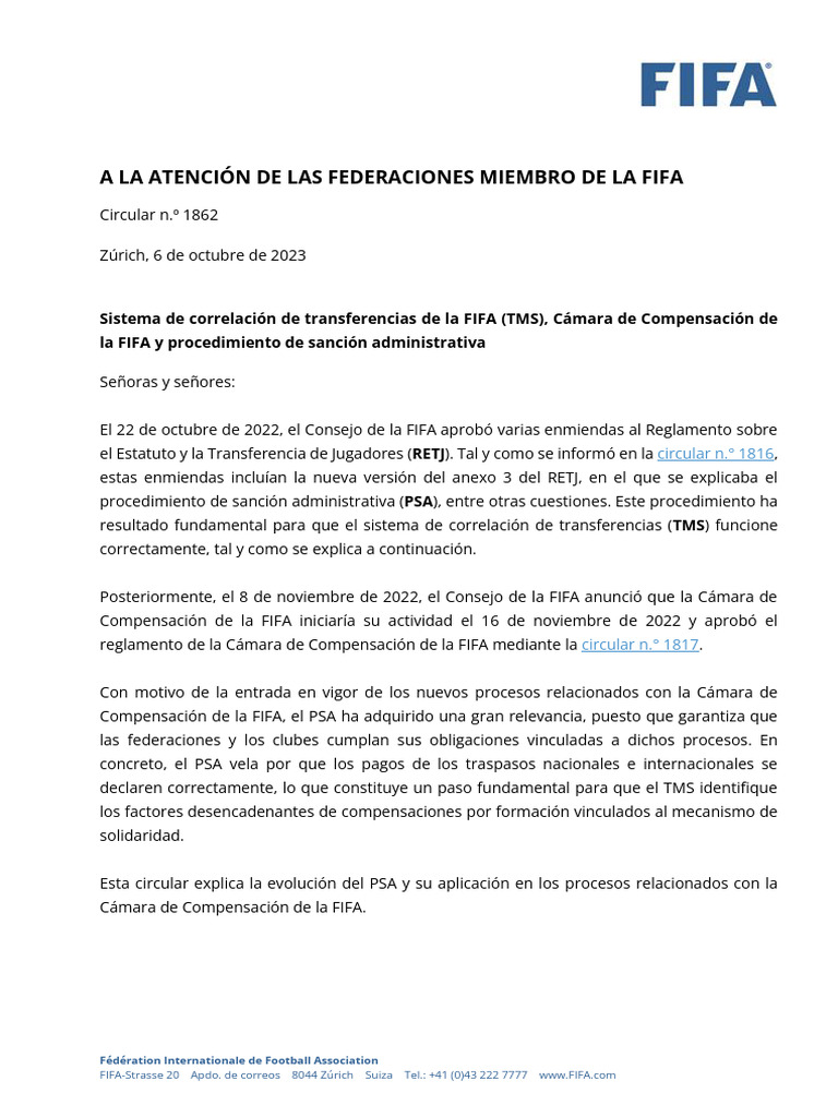 Circular 1862 - FIFA TMS FIFA Clearing House and Administrative ...