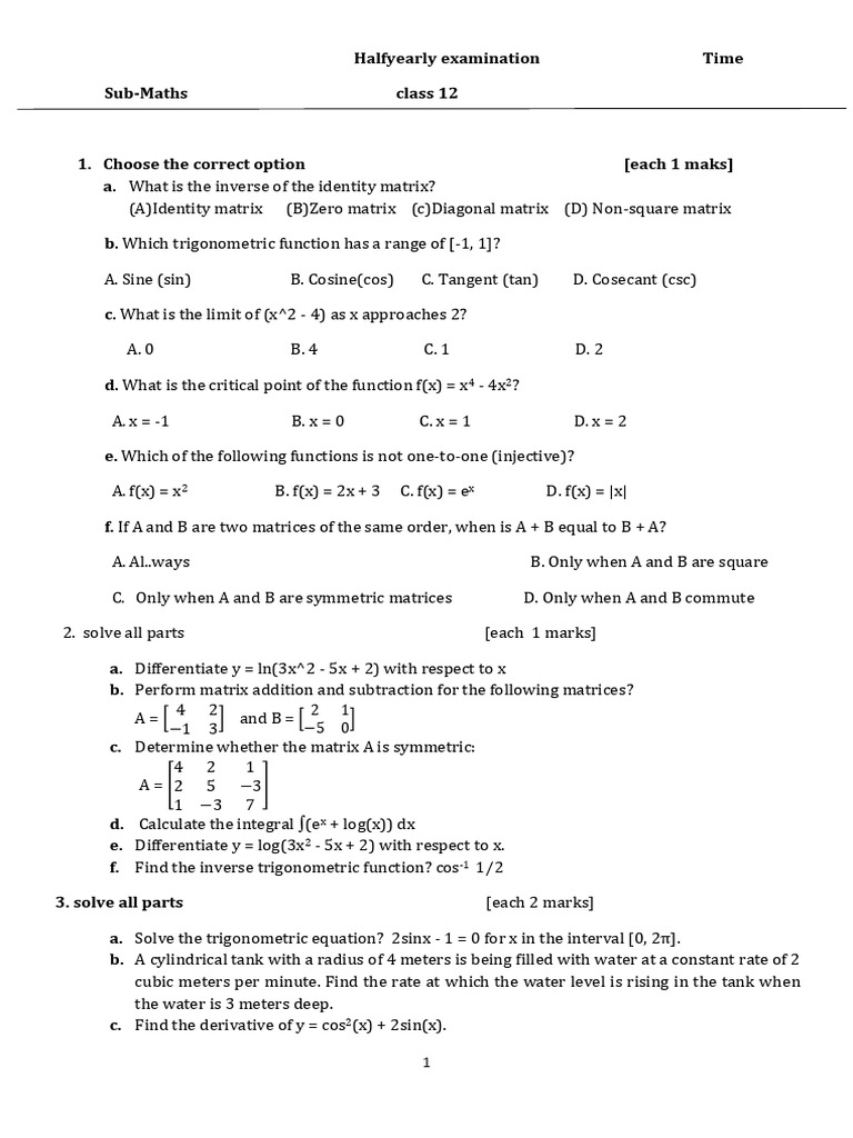 PDF File Class 12 Half Yearly | PDF | Trigonometric Functions | Matrix (Mathematics)