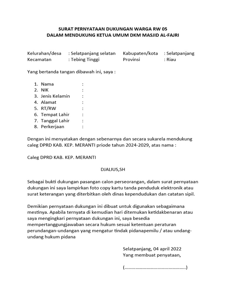 Draf Surat Pernyataan Dukungan Caleg Perorangan | PDF