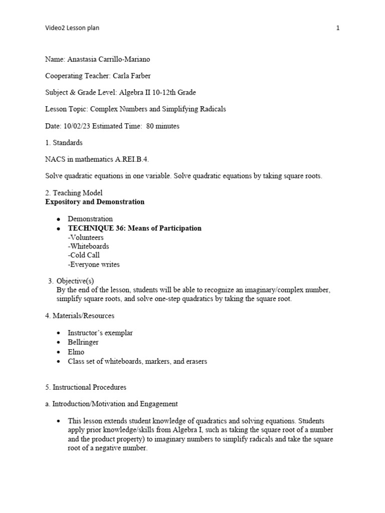 Video2 Lesson Plan | PDF | Lesson Plan | Quadratic Equation