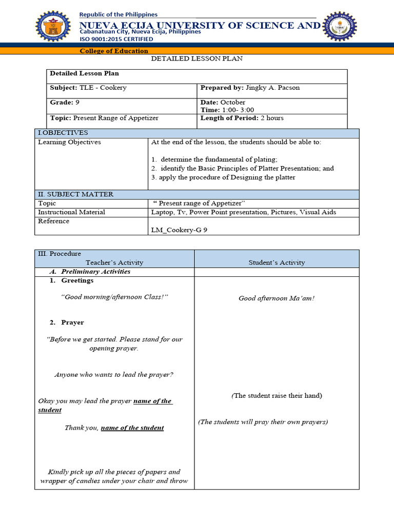 Designing Appetizer Platter Essentials | PDF | Lesson Plan | Classroom