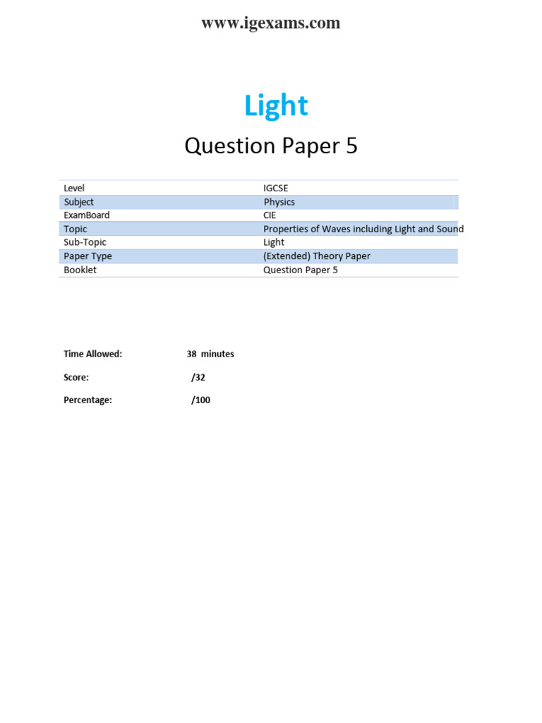 32 5 Light Cie Igcse Physics Ext Theory Qp Pdf Refraction