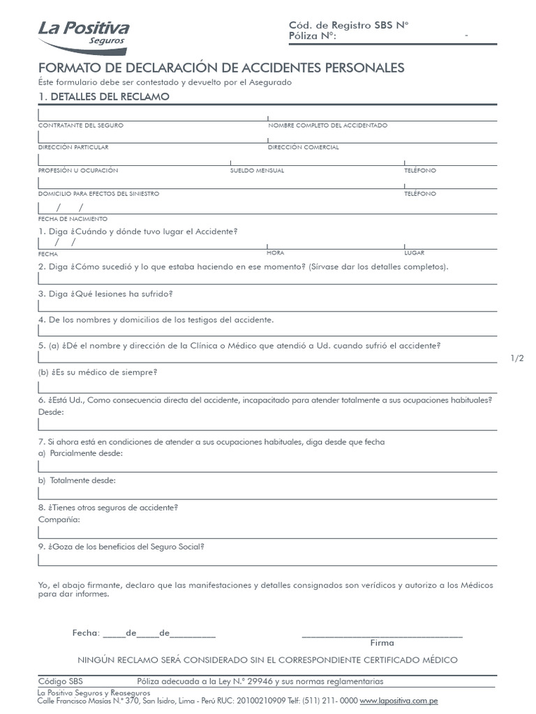 Formato - Declaracion de Ap - Positiva Unsa | PDF | Póliza de seguros | Reaseguro