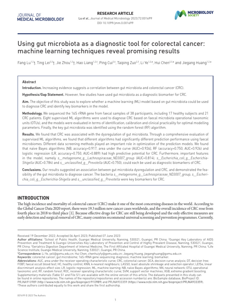 Using Gut Microbiota As A Diagnostic Tool For Colorectal Cancer Machine Learning Techniques ...