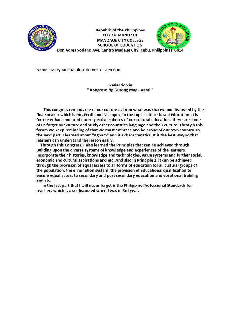 Reflection Paper Kongreso NG Gurong Mag - Aaral | PDF
