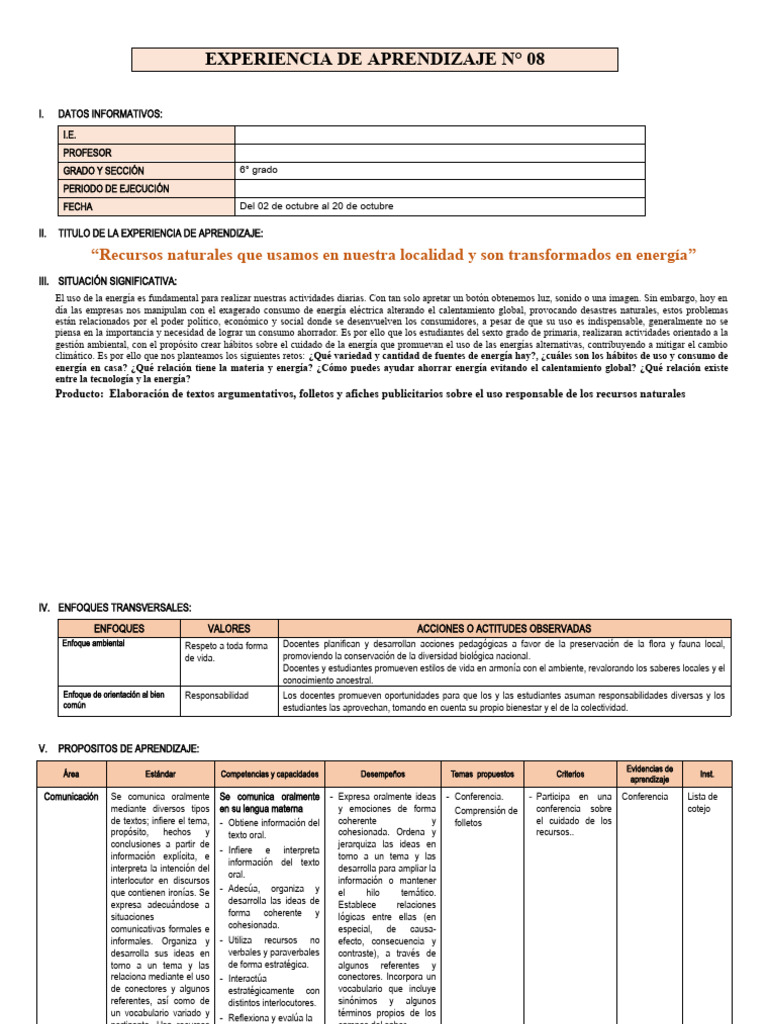 6° Grado - Experiencia de Aprendizaje N°08 | PDF