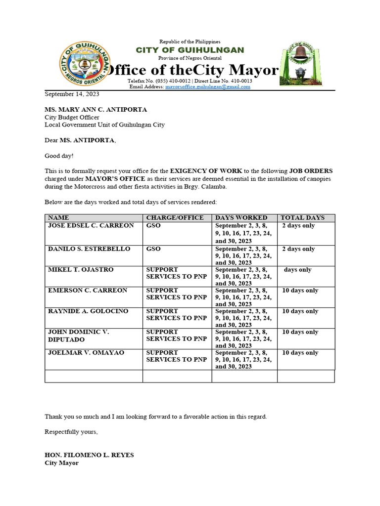 Letter Request For Exigency of Work | PDF