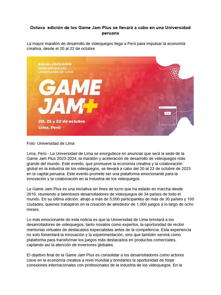 Título - Universidad de Lima Será Sede de La Game Jam Plus 2023-2024 | PDF | Videojuegos | Lima
