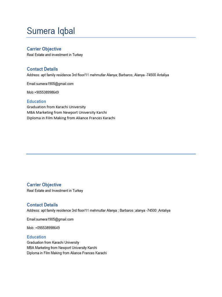 Sumera Iqbal CV Real Estate | PDF | Career & Growth