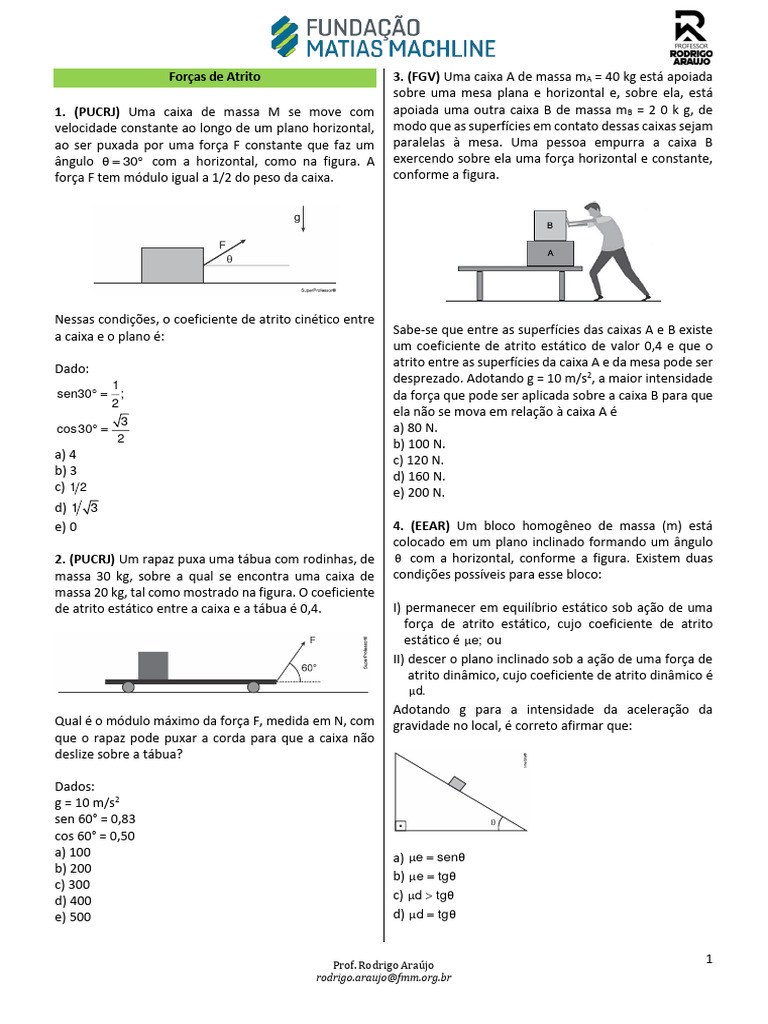 Exercícios sobre Força de Atrito | PDF | Atrito | Massa
