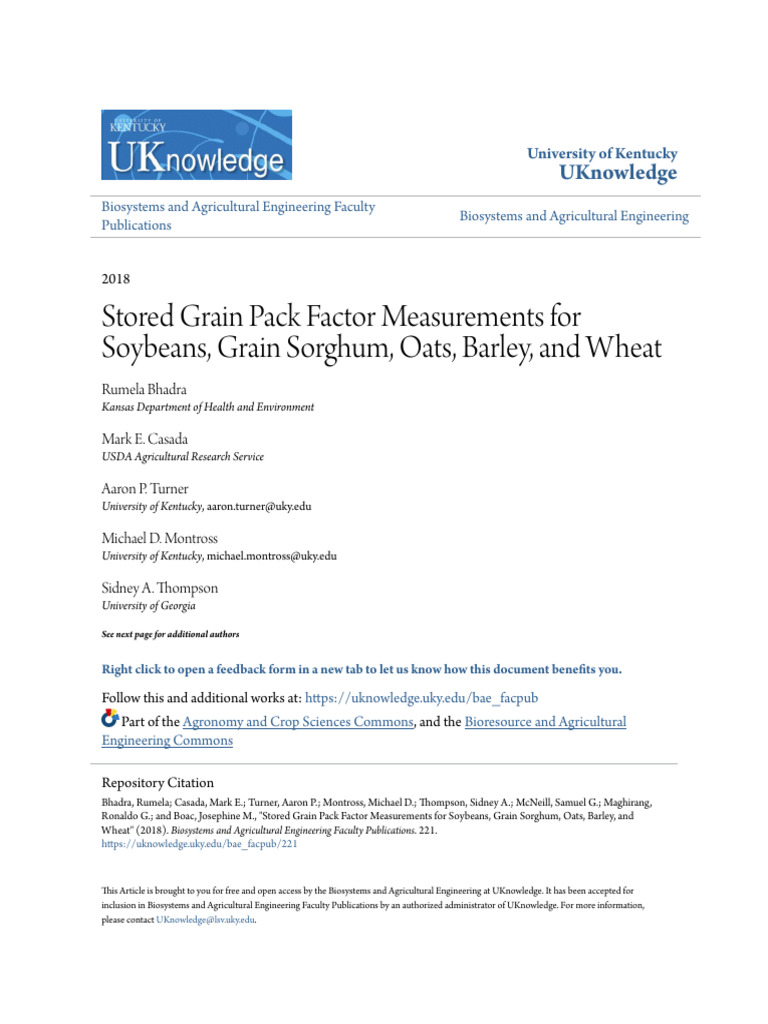 Stored Grain Pack Factor Measurements Fo | PDF | Density | Wheat