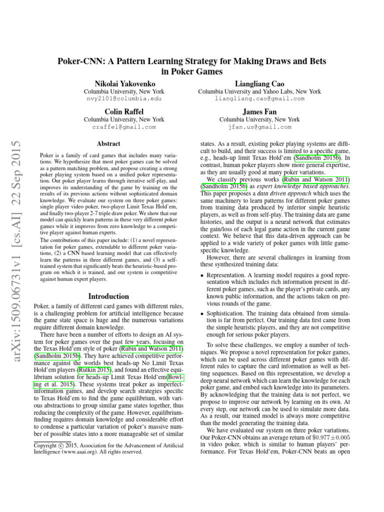 Poker-CNN: A Pattern Learning Strategy For Making Draws and Bets in ...