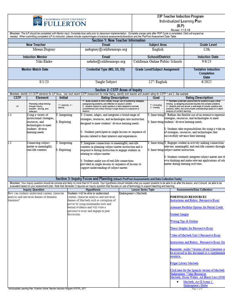 Meena Duguay Ilp Form | PDF | Educational Assessment | Teachers