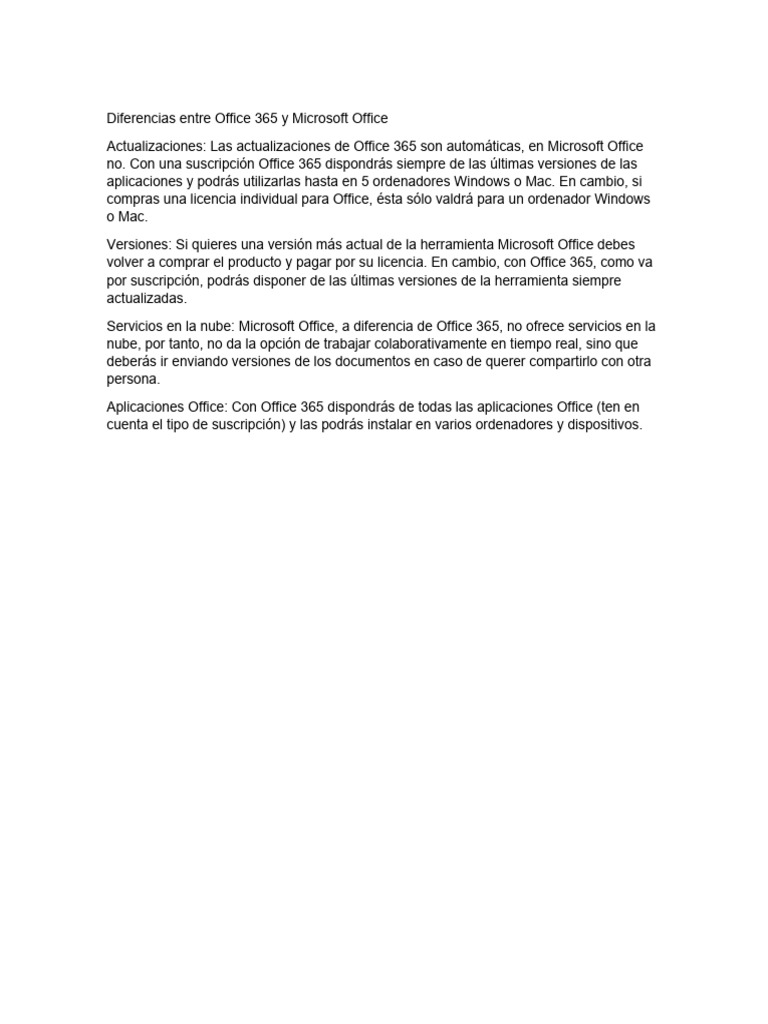 Diferencias entre Office 365 y Microsoft Office | PDF
