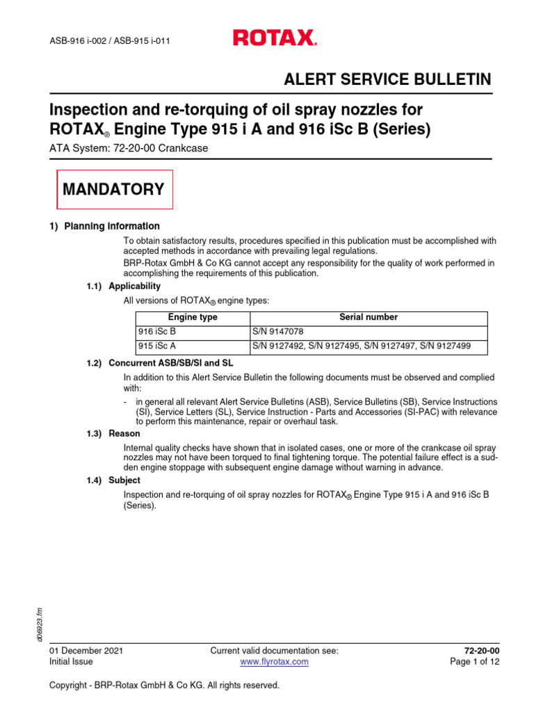 ASB-915 I-011 - 916 I-002 - Inspection and Re-Torquing of Oil Spray ...