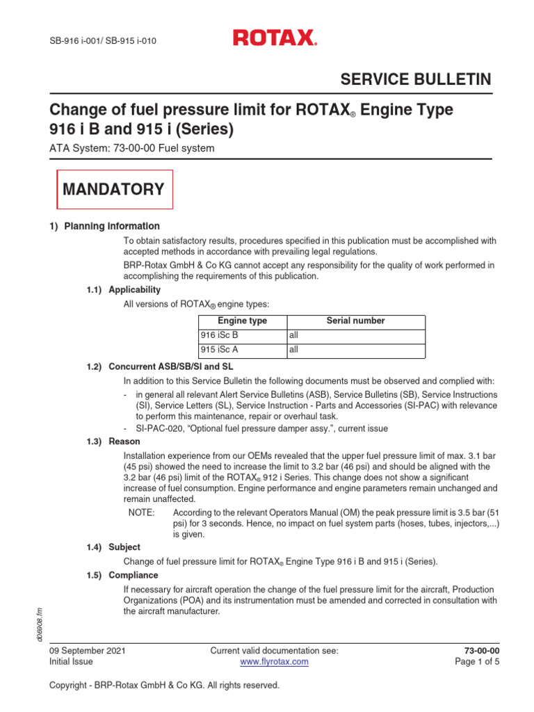 SB-916 I-001 - 915 I-010 - Change of Fuel Pressure Limit For ROTAX ... SB-916 I-001 - 915 I-010 - Change of Fuel Pressure Limit For ROTAX ...