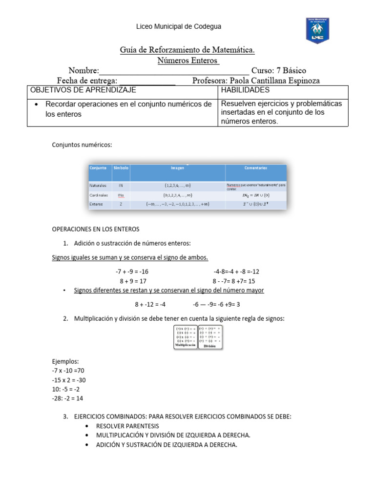 Guía Números Enteros Septimo Básico | PDF