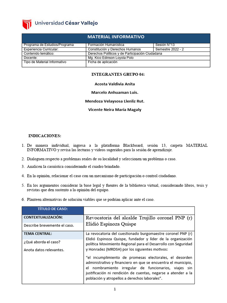 Ficha de Aplicación 13 para Subir | PDF | Alcalde | Gobierno