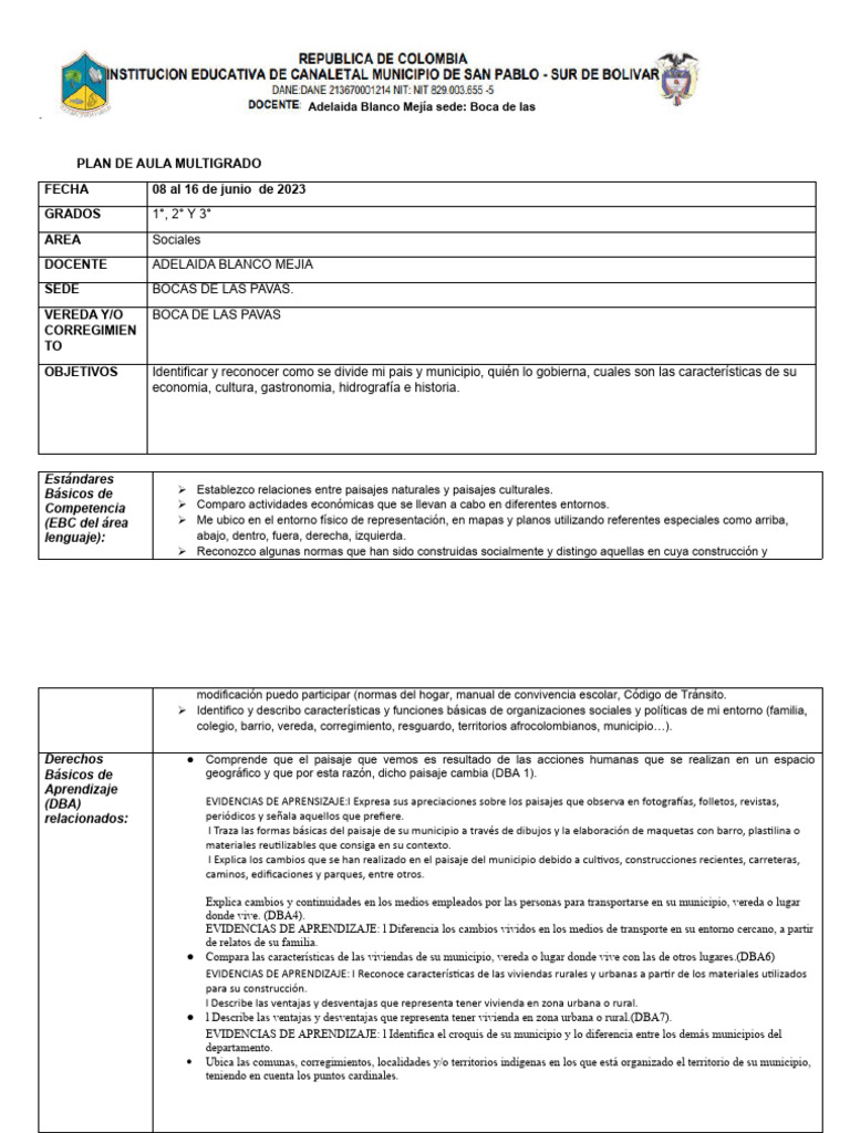 Plan de Aula M - Sociales Grado 1 Y2 | PDF