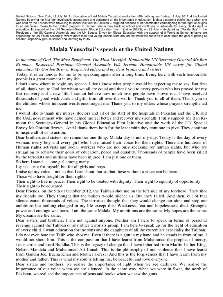 Malala's UN Speech on Education Rights | PDF | Malala Yousafzai