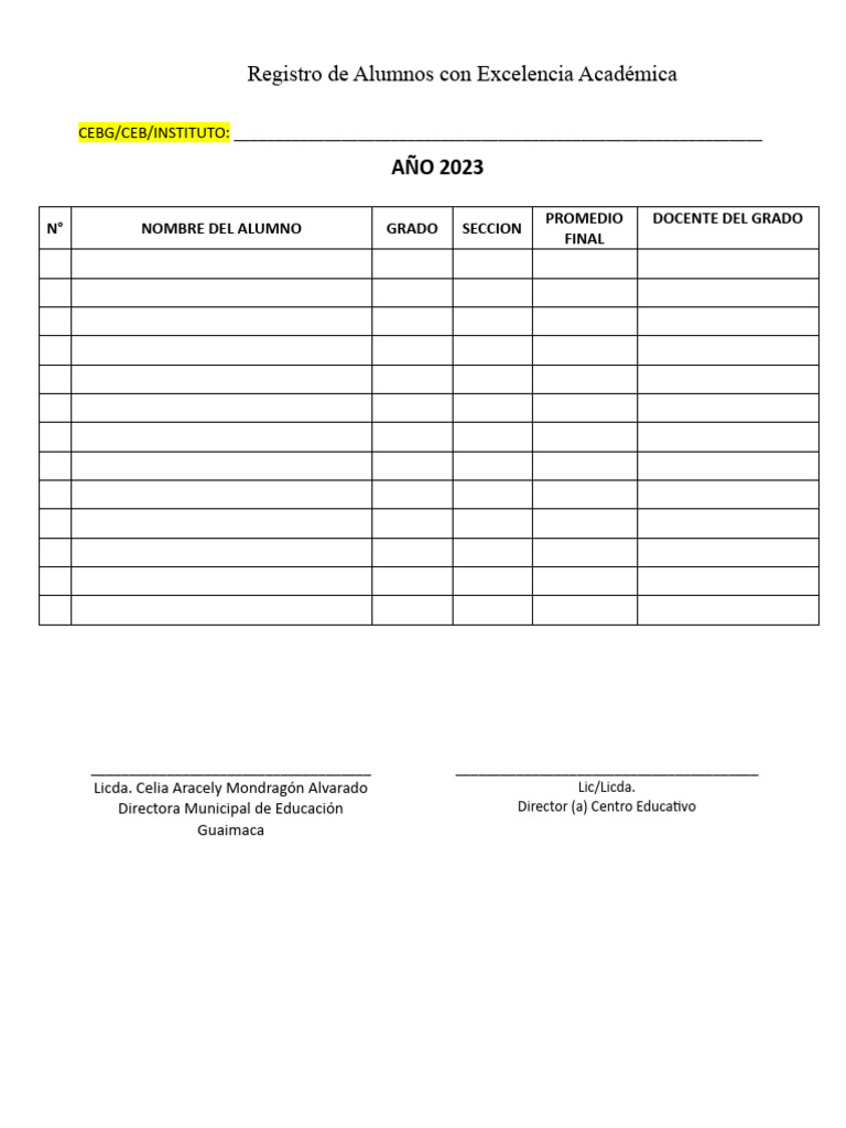 Formato Libro Registro de Alumnos Con Excelencia Académica | PDF