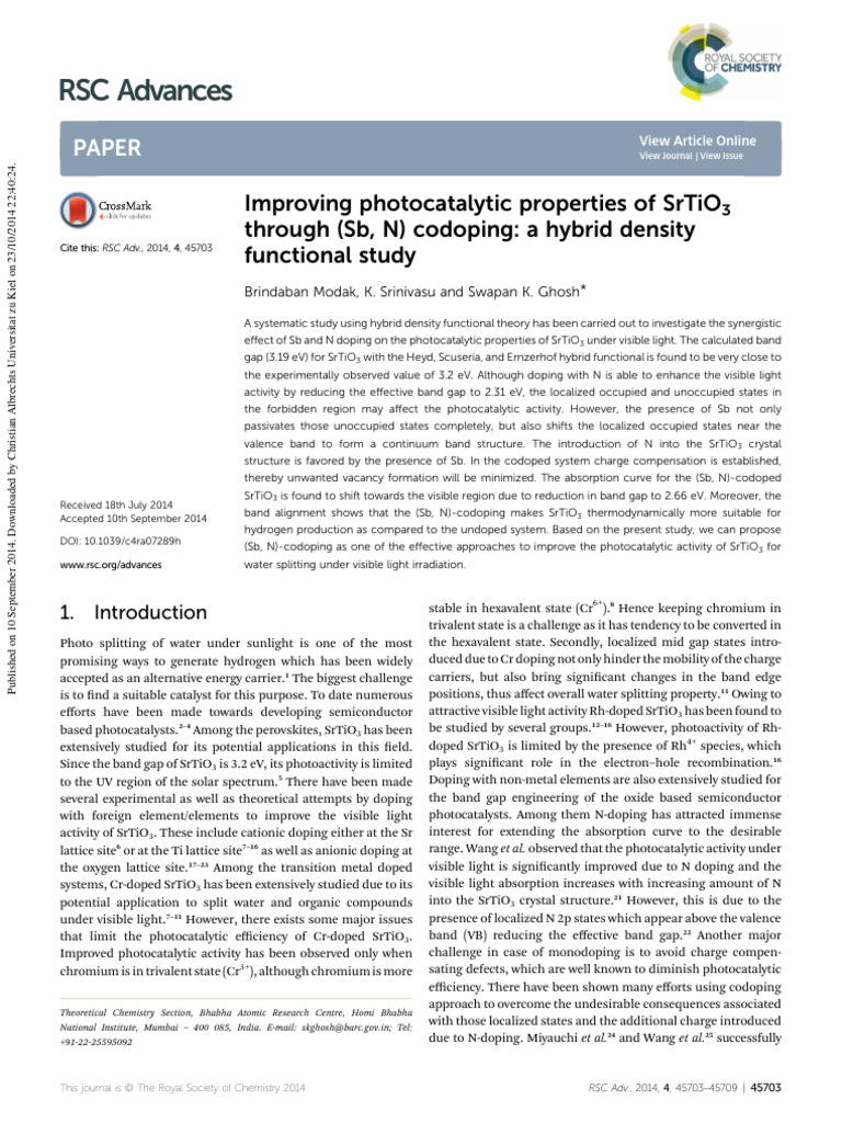 Improving Photocatalytic Properties of SrTiO3 Through SB, NB Doping DFT | PDF | Doping ...