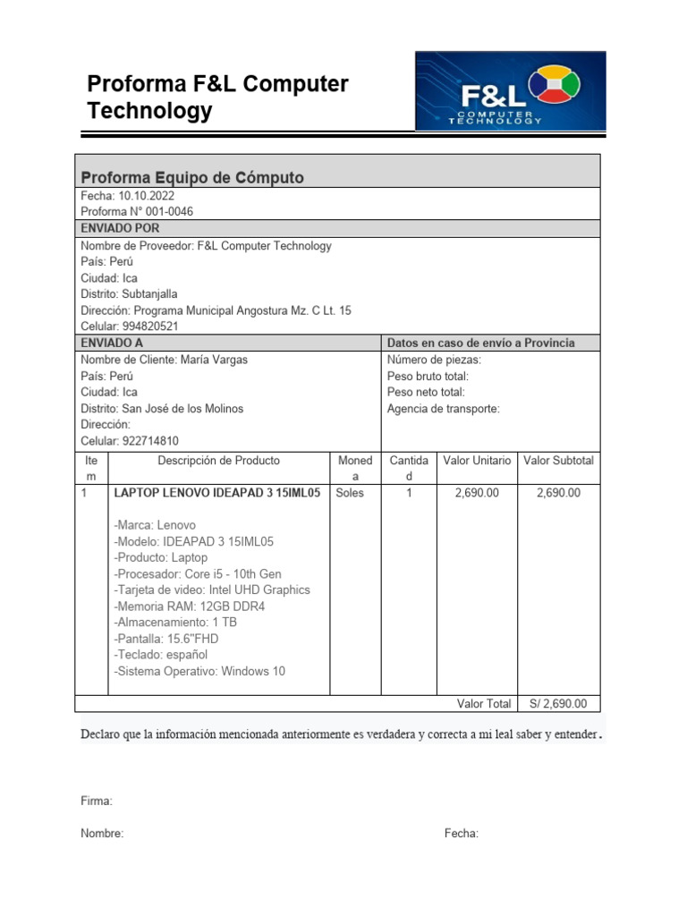 Proforma N° 001-0046 | PDF