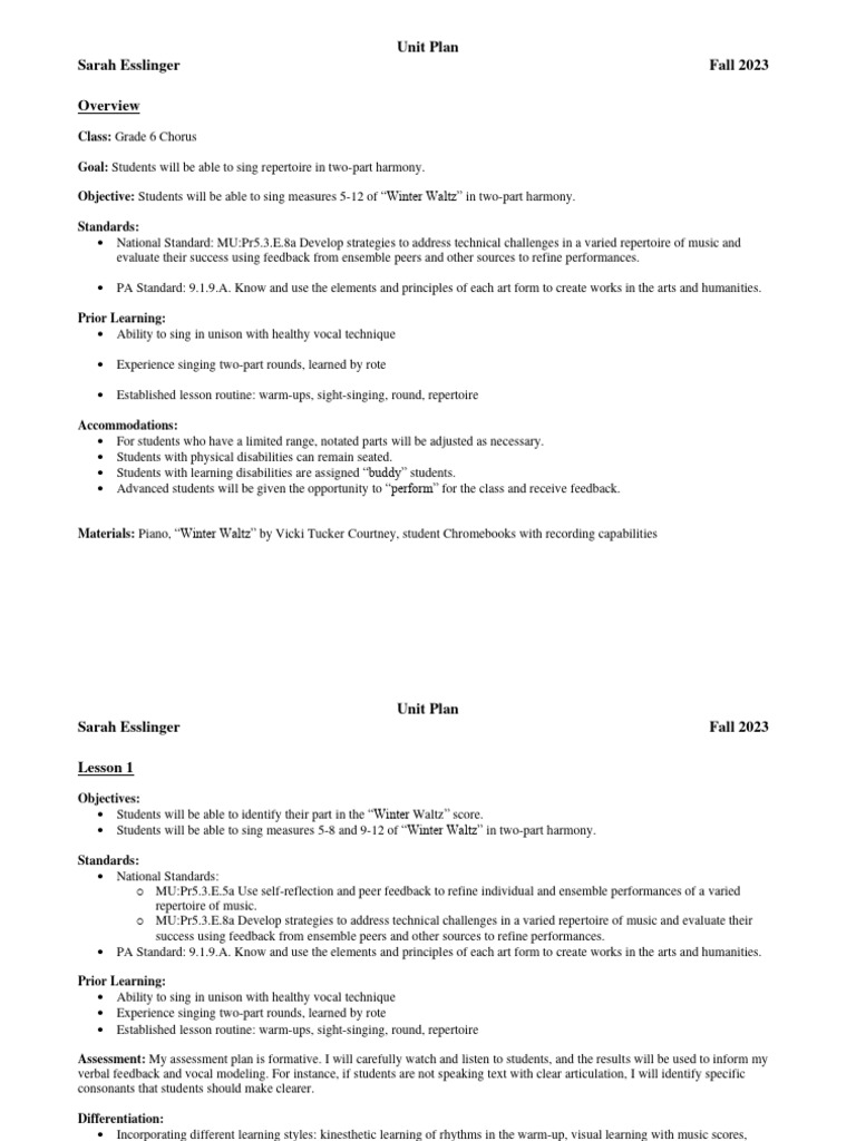 Esslinger Unit Plan | PDF | Rhythm | Learning
