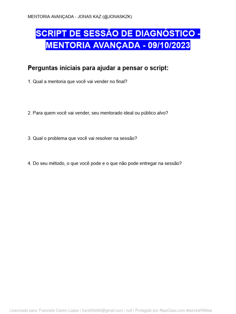 script-de-sessao-de-diagnostico-aula-mentoria-avancada | PDF | Dor | Marketing
