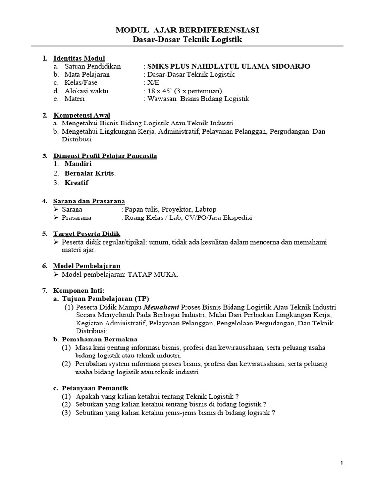 Modul Ajar 1 Berdeferensiasi - Teknik Logistik Fase e | PDF