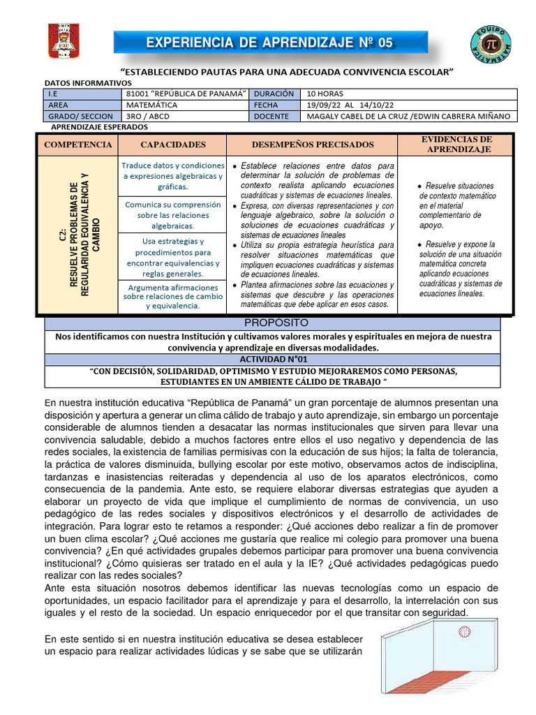 3º EDA 5 ACTIVIDAD 1 Y 2_ECUACIÓN CUADRÁTICA Y SISTEMAS DE ECUACIONES | PDF | Ecuaciones ...