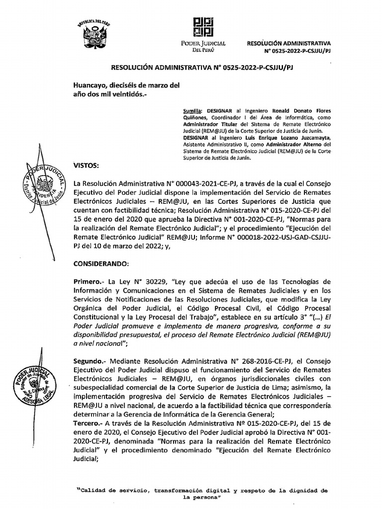 2022-03-16 - R.A. 0525-2022-P-CSJJU-PJ - REMAJU - Designa Administrador Del Sistema Remaju | PDF