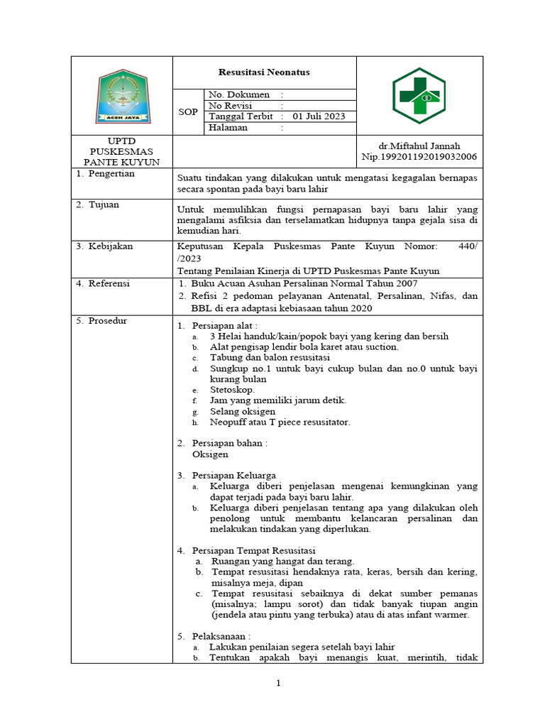 Sop PKM Resusitasi Neonatus | PDF
