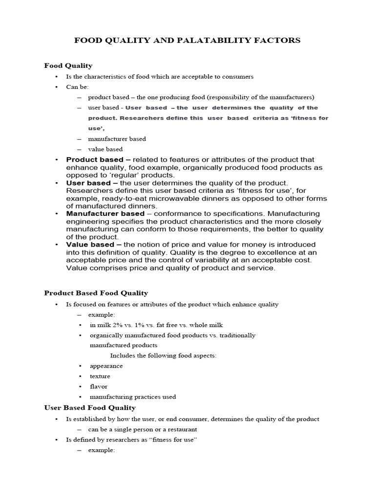 Food Quality and Palatability Factors | PDF | Taste | Perception