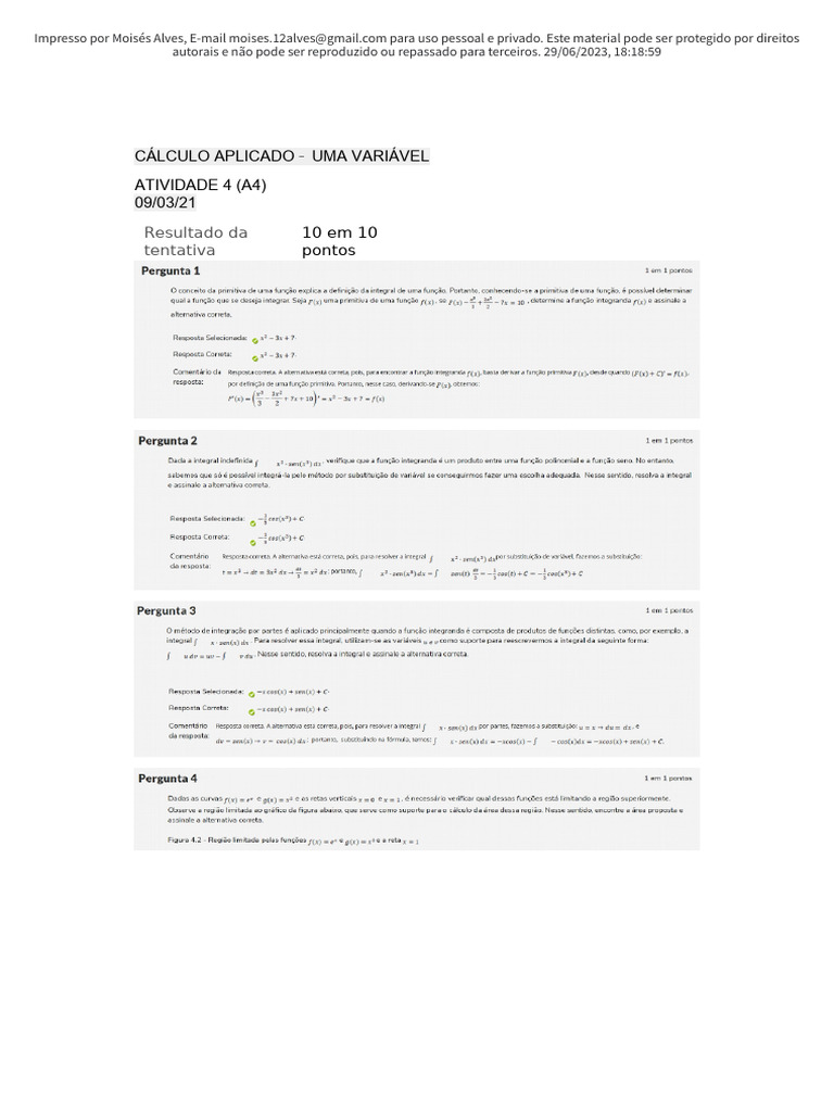 ATIVIDADE 4 (A4) CÁLCULO APLICADO - UMA VARIÁVEL - Passei Direto | PDF
