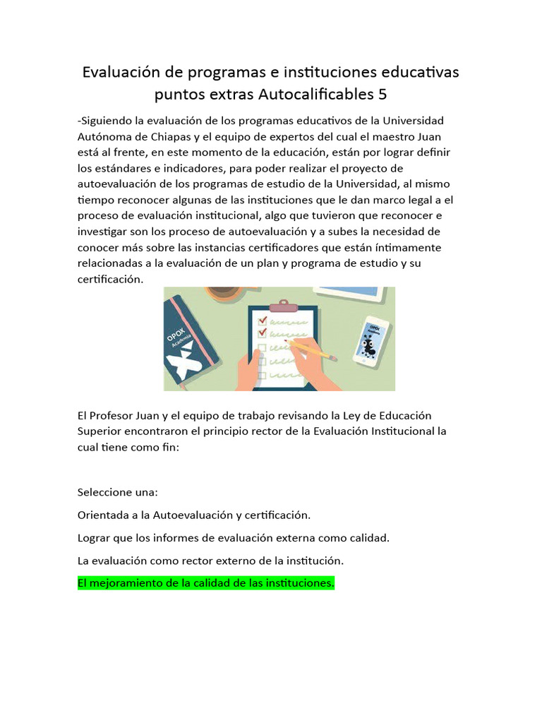 Evaluación de Programas e Instituciones Educativas Puntos Extras Autocalificables 5 | PDF ...