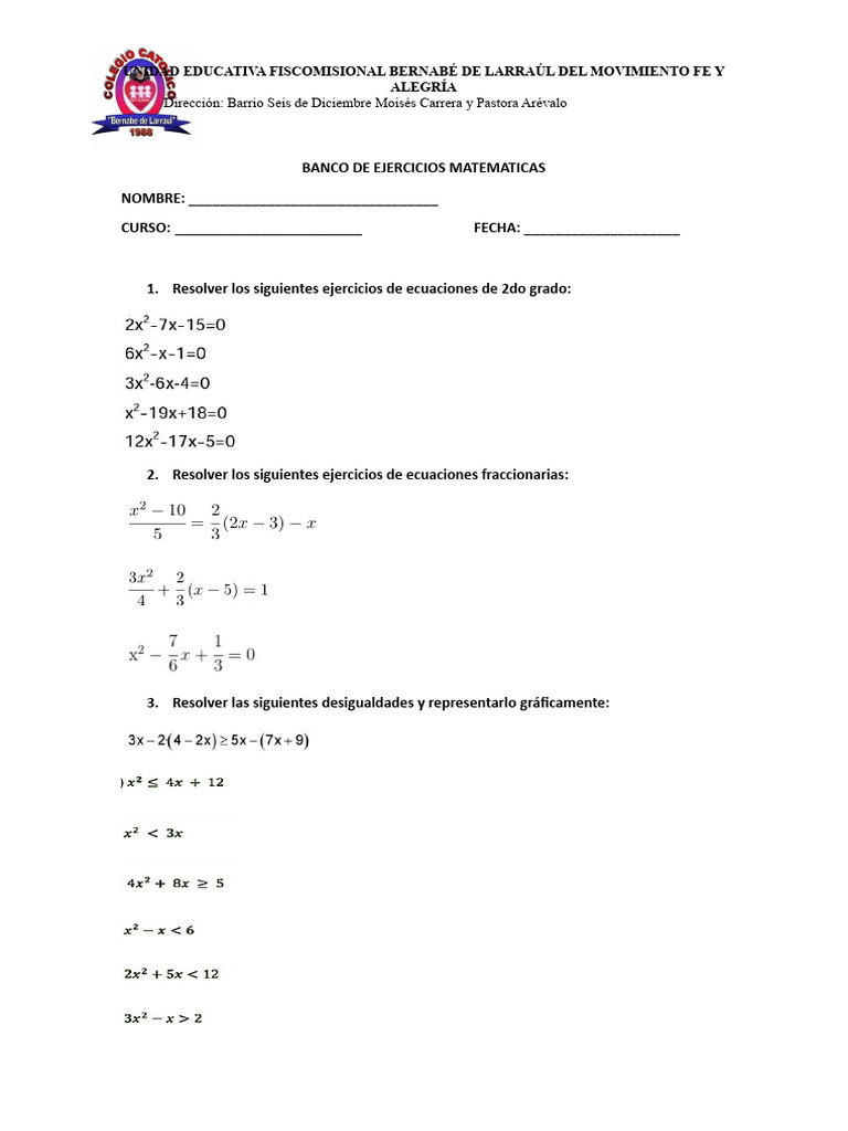 Banco de Ejercicios 2do Matematicas | PDF