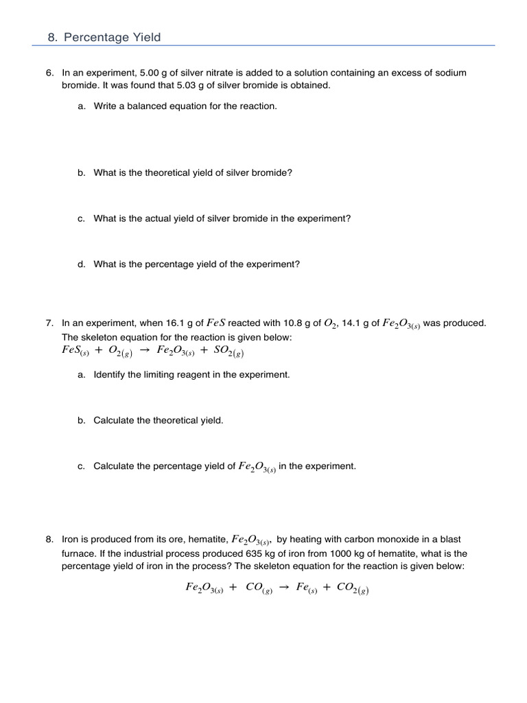 Percentage Yield Calculations in Chemistry | PDF