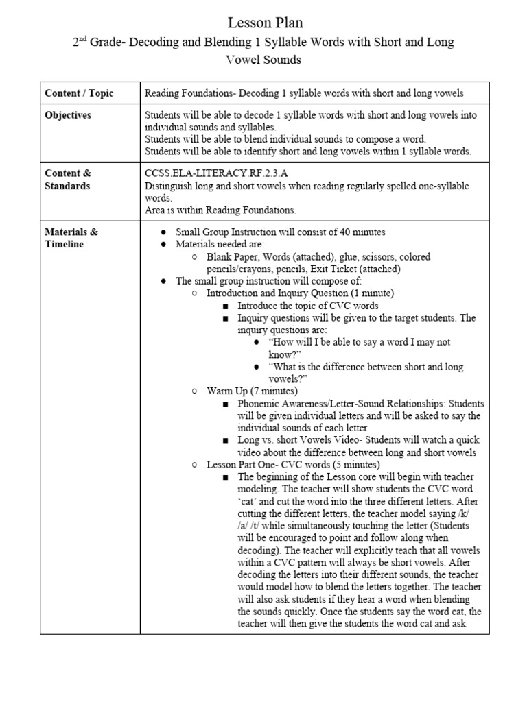 2nd Grade Lesson: Decoding Vowel Sounds | PDF