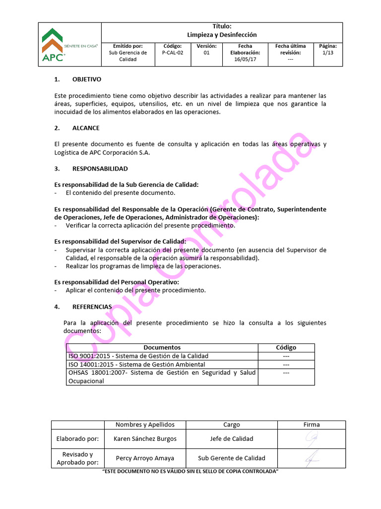 P-CAL-02 V01 Limpieza y Desinfección | PDF | Agua | Detergente