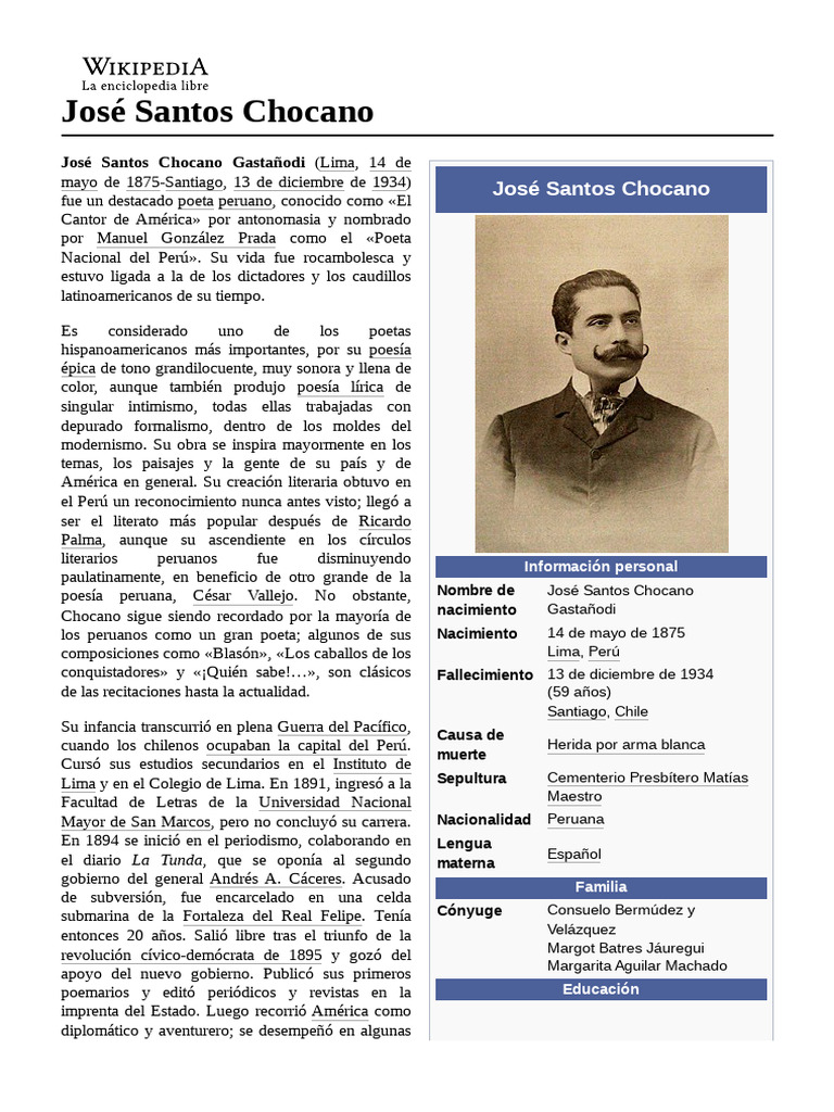 Biografía de José Santos Chocano | PDF