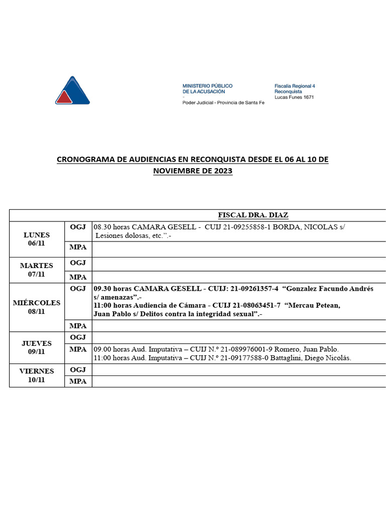 Cronograma de Audiencias en Reconquista Desde El 06 Al 10 de Noviembre ... Cronograma de Audiencias en Reconquista Desde El 06 Al 10 de Noviembre ...