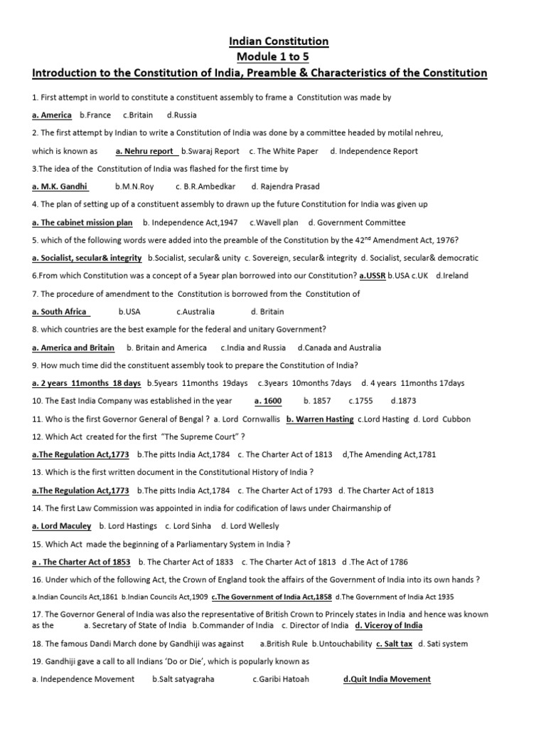 Indian Constitution Question Bank For SEE | Download Free PDF | Government Of India | Supreme ...