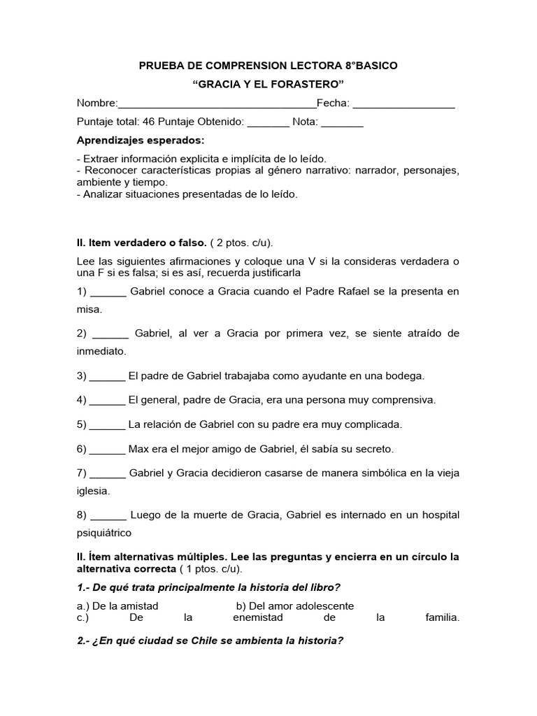 Prueba de Comprensión Lectora 8° Básico | PDF