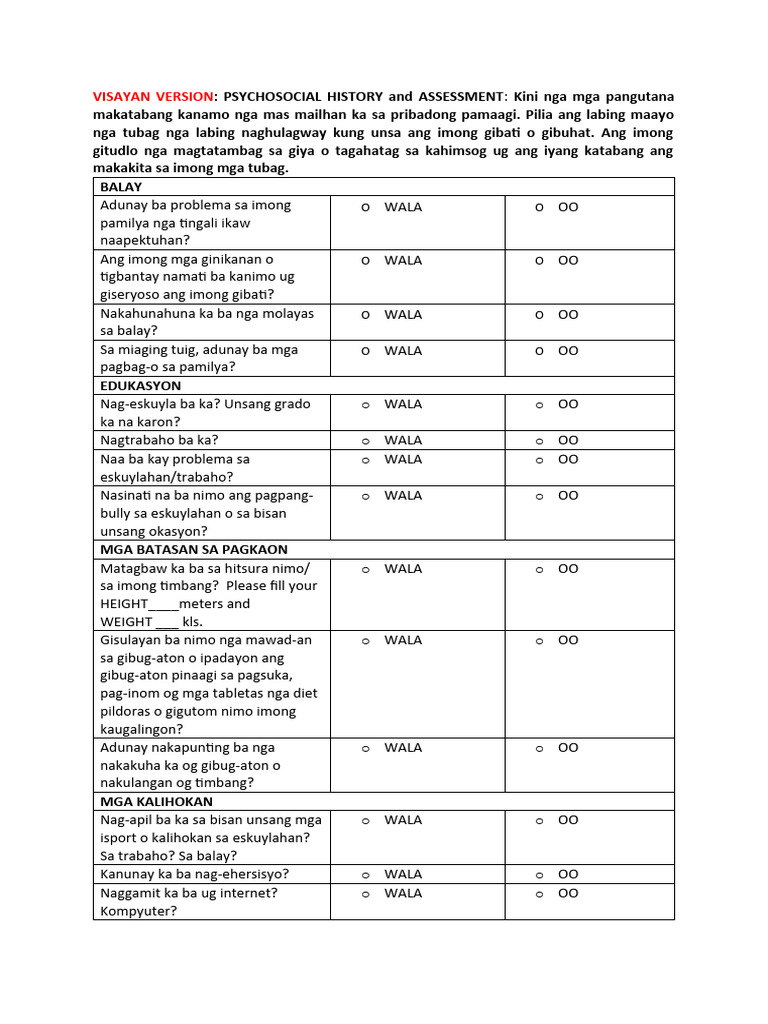 VISAYAN PSYCHOSOCIAL HISTORY and ASSESSMENT HEEADSSS | PDF